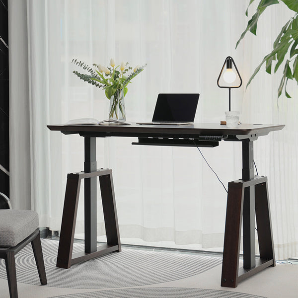 Single Motor Electric Sit to Stand Workstation Height Adjustable with Supportive Legs Parquet Smoke Wood Veneer R3032