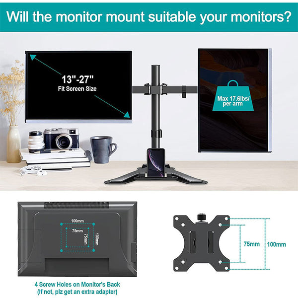 Dual Monitor Stand, Free Standing Height Adjustable Two Arm Monitor Mo ...